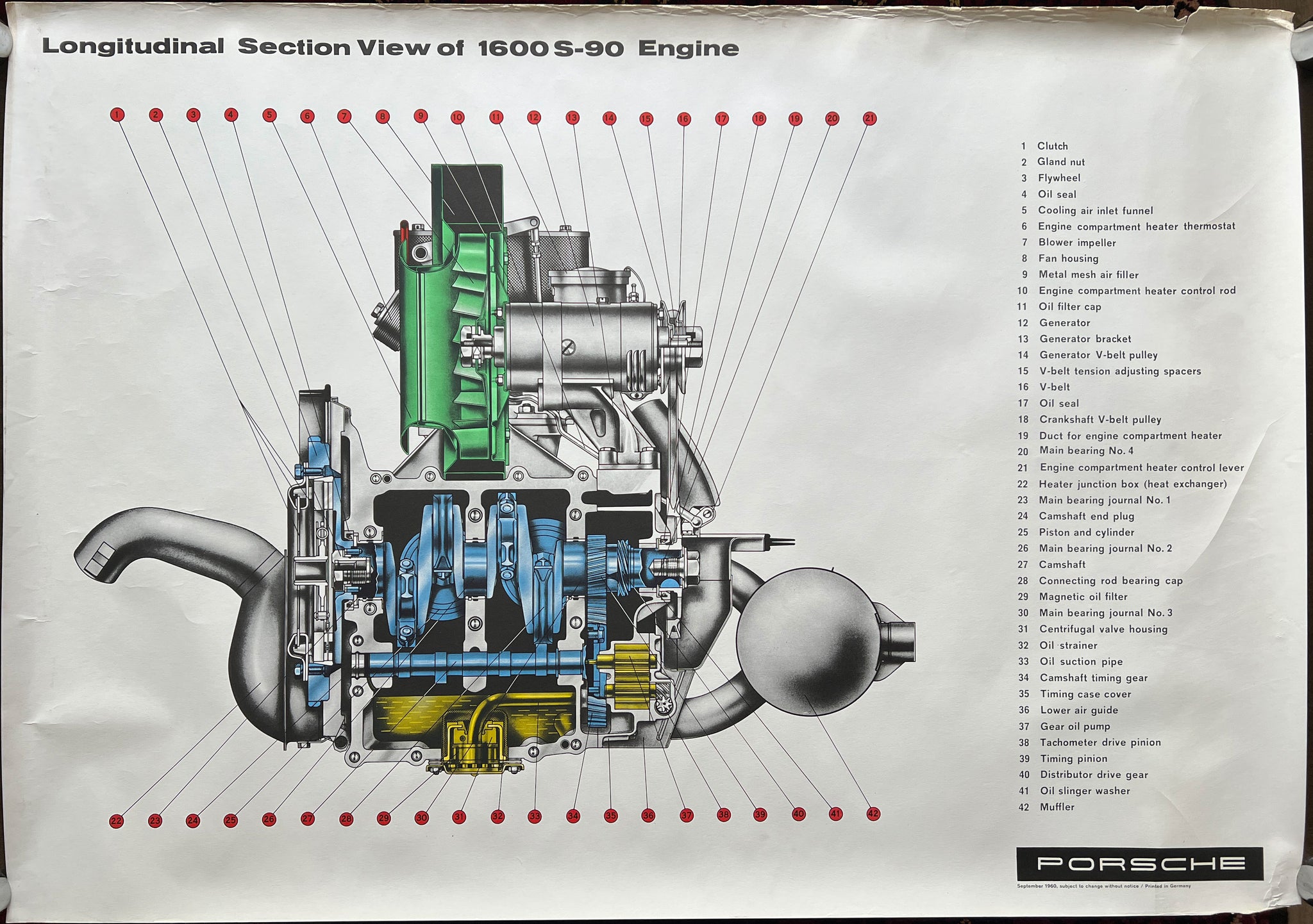 Porsche Workshop Poster Longitudinal Section View of 1600 S-90 Engine ...